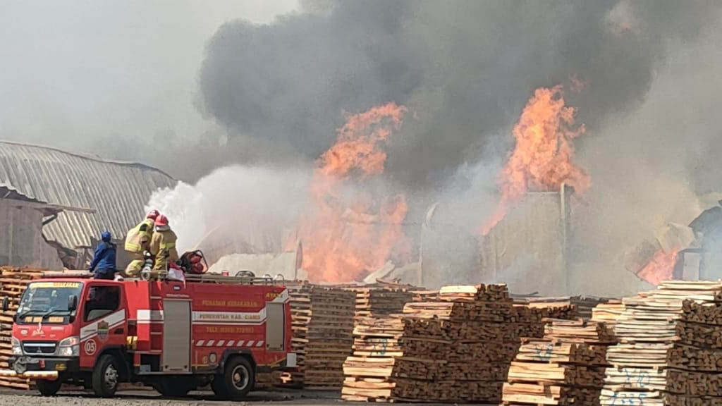 Pabrik Pengolahan Kayu di Ciamis Terbakar Hebat, Damkar dan Petugas Gabungan Kesulitan Padamkan ...
